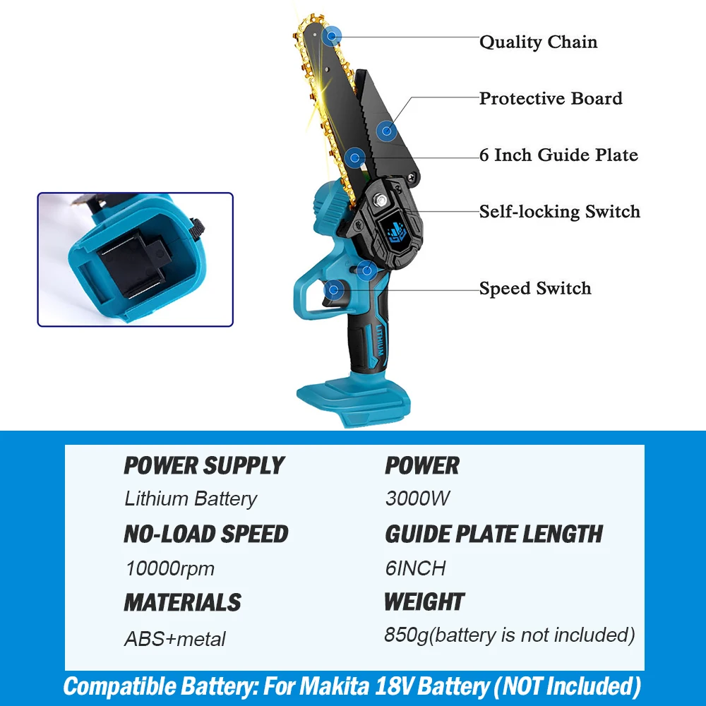 6 Inch 388vf 3000w Mini Electric Chain Saw 2 Battery Woodworking Pruning Chainsaw One-handed ...