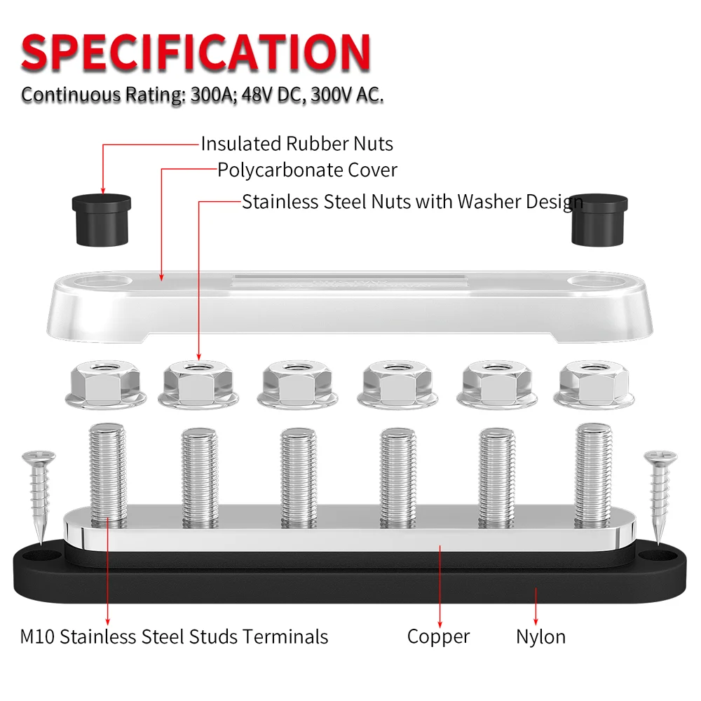 6 Way Distribution Block Terminal Bus Bar Stud Heavy Duty Bus Bar 300a 6mm Copper Plate 12v ...