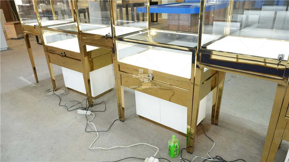 Custom Gold Jewellery Display Cabinet Showcase Design Trendy Lockable ...