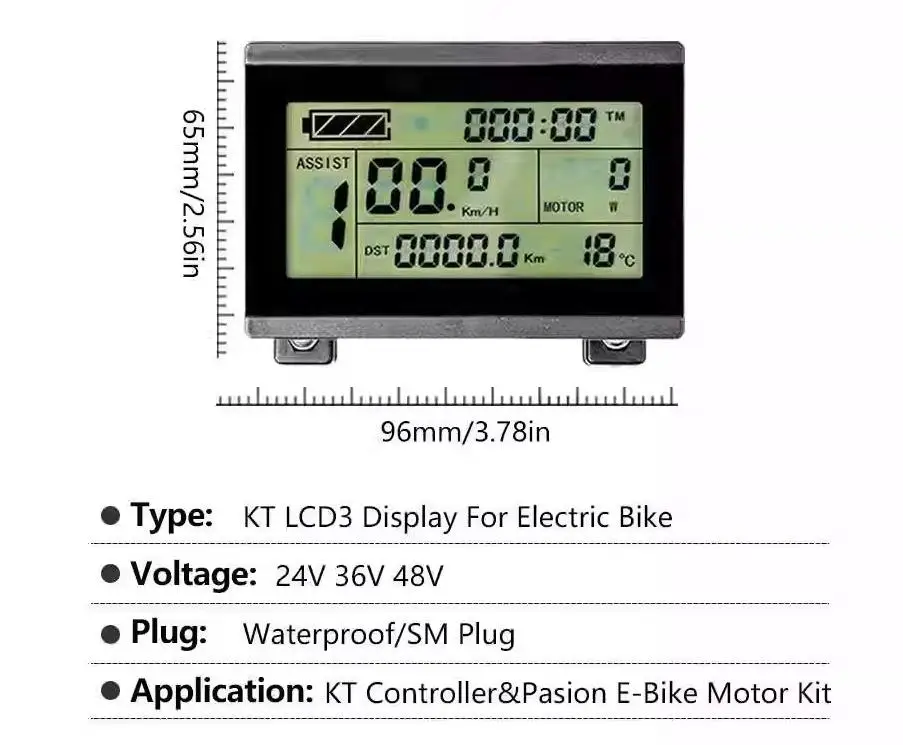 24V/36V/48V E Bike LCD Display KT-LCD3 for Kunteng Controller ...