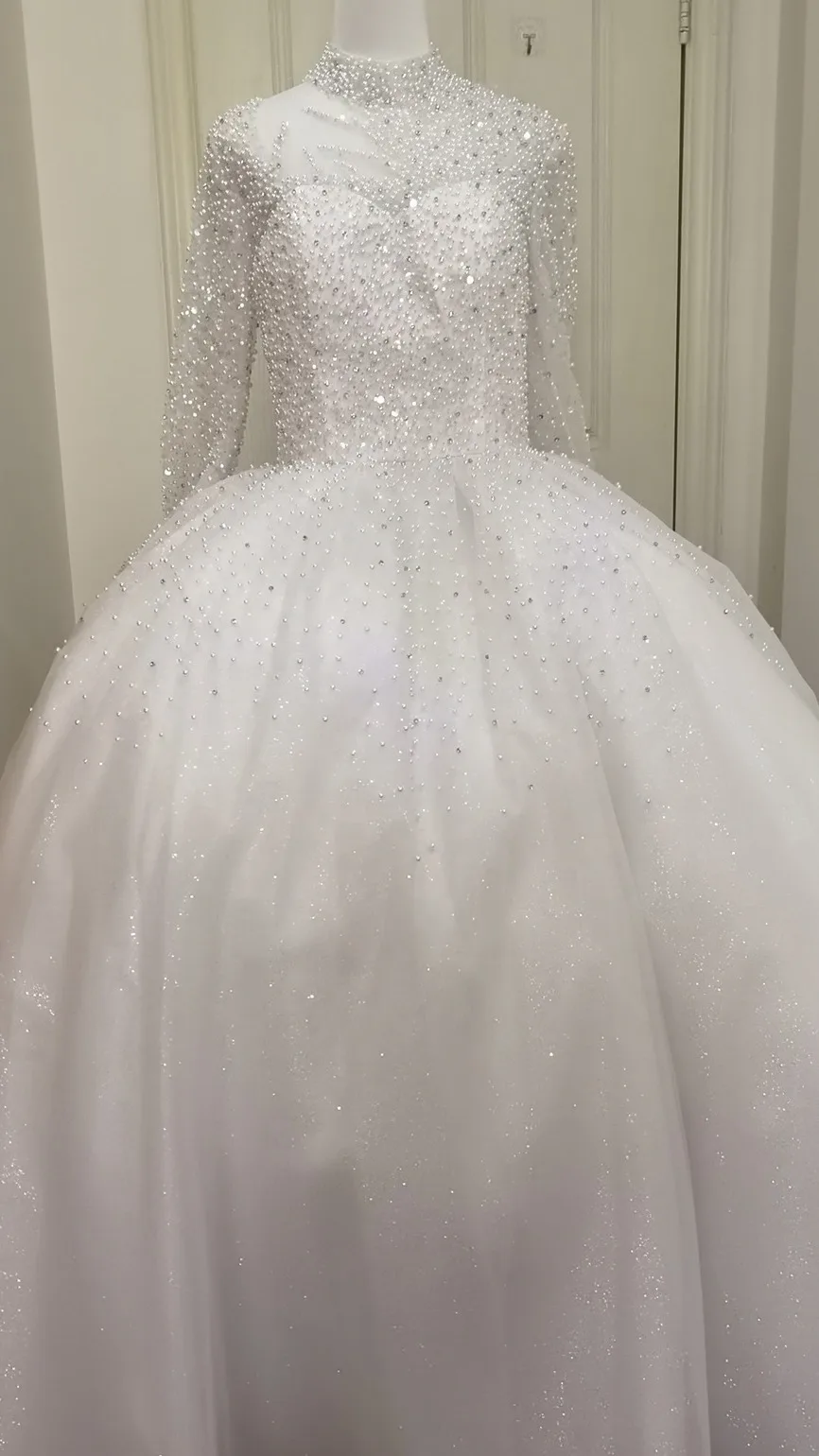 Romantic Ball Gown Wedding Dresses Puffy Long Sleeve Tulle Lace Beading ...