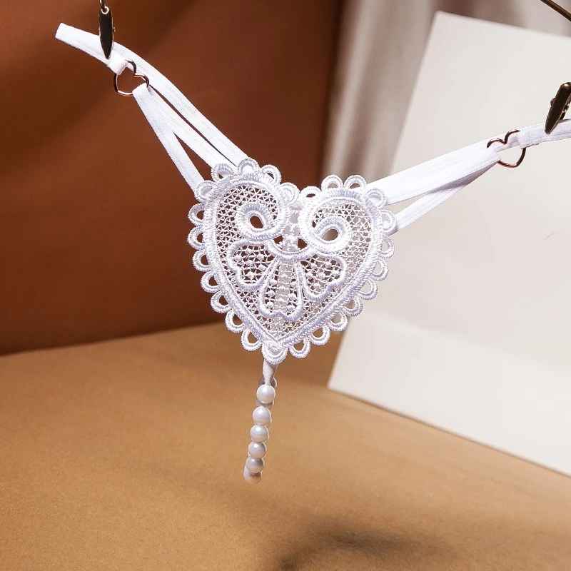 Female Embroidered Heart Shape Message Pearl Crotchless T Back G-string ...