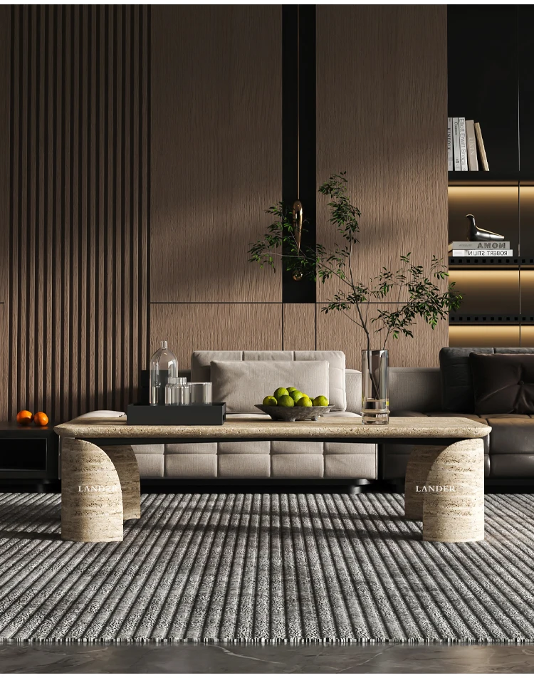 Lander Stone Luxury Beige Travertine Marble Center Table Nordic Stone ...