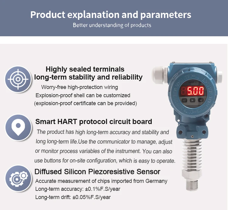 Hank Pressure Transmitter Explosion-proof Diffusion Silicon Smart Pressure Sensor 1.6mpa High ...