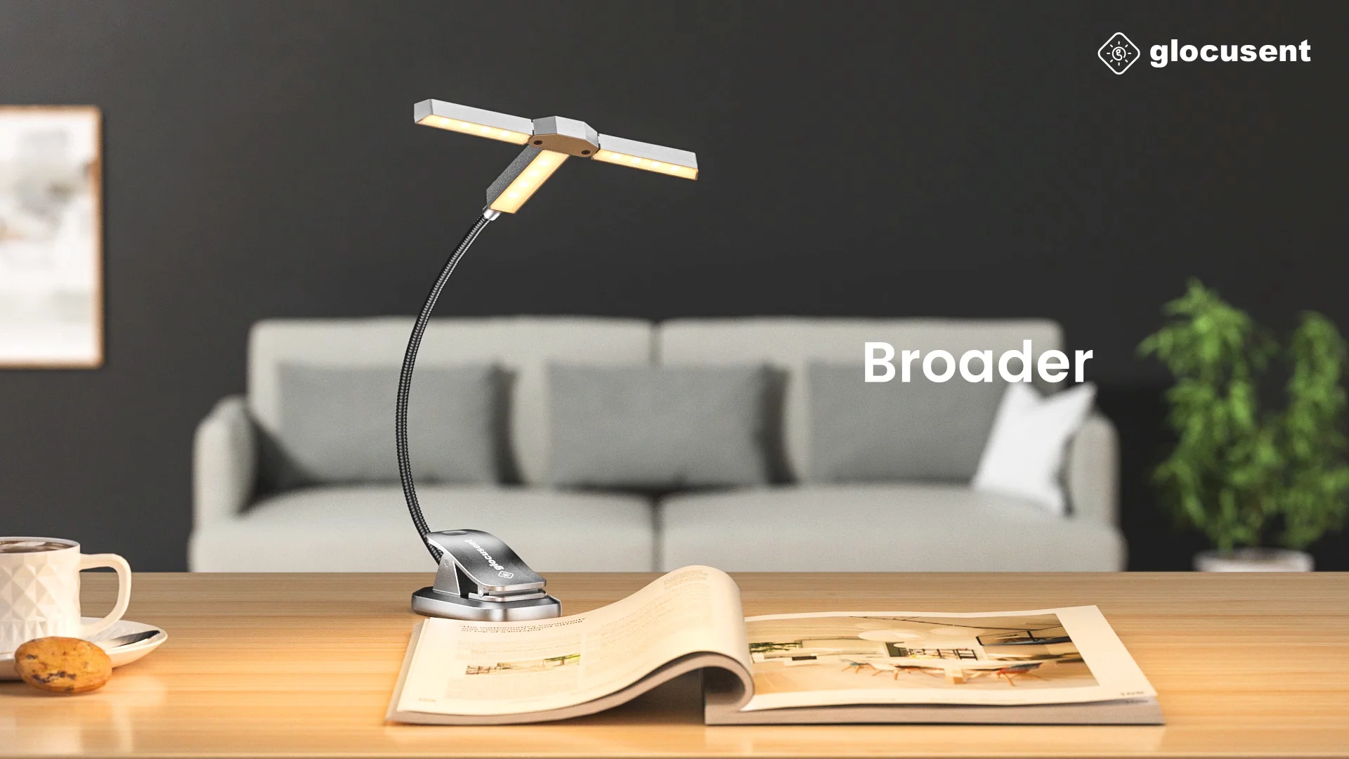 Glocusent Tri-head Design Wider Brighter Lighting Usb Rechargeable Book Light Eye Protection Led ...