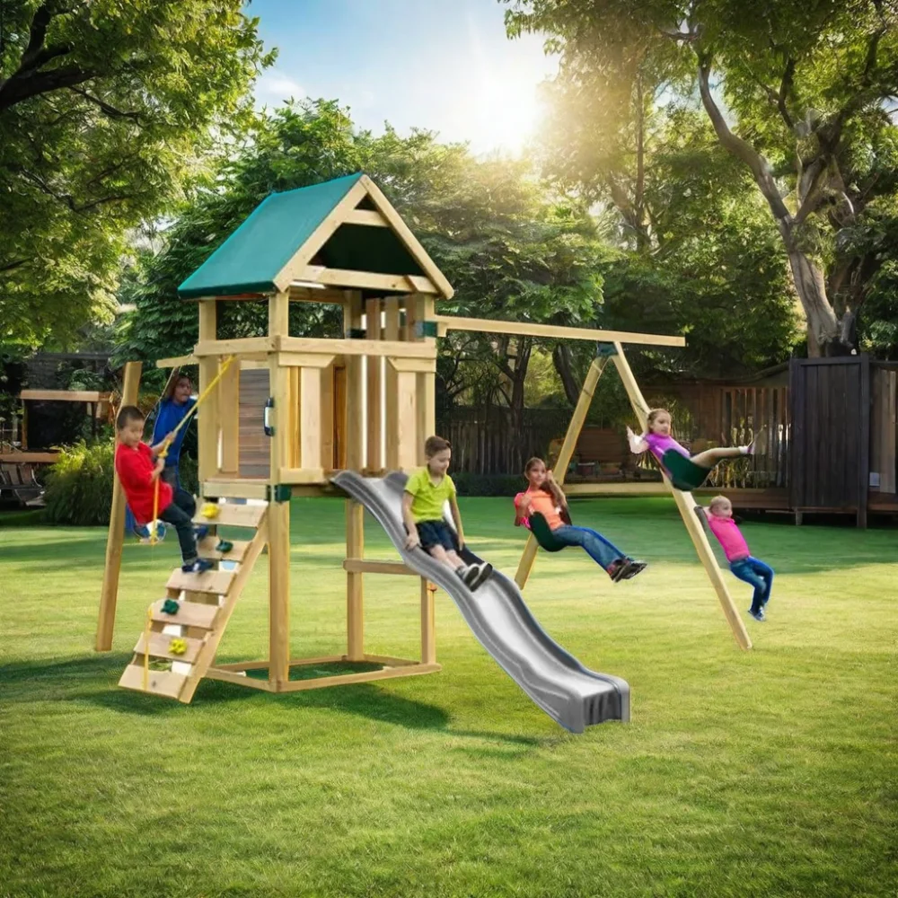 Outdoor Gym Patio Climbing Frame Play Jungle Wooden Set With Swings Toy ...
