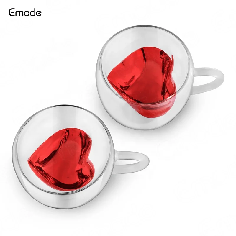 Double Walled Borosilicate Glass Heart Shaped Glass Cups with Vibrantly ...