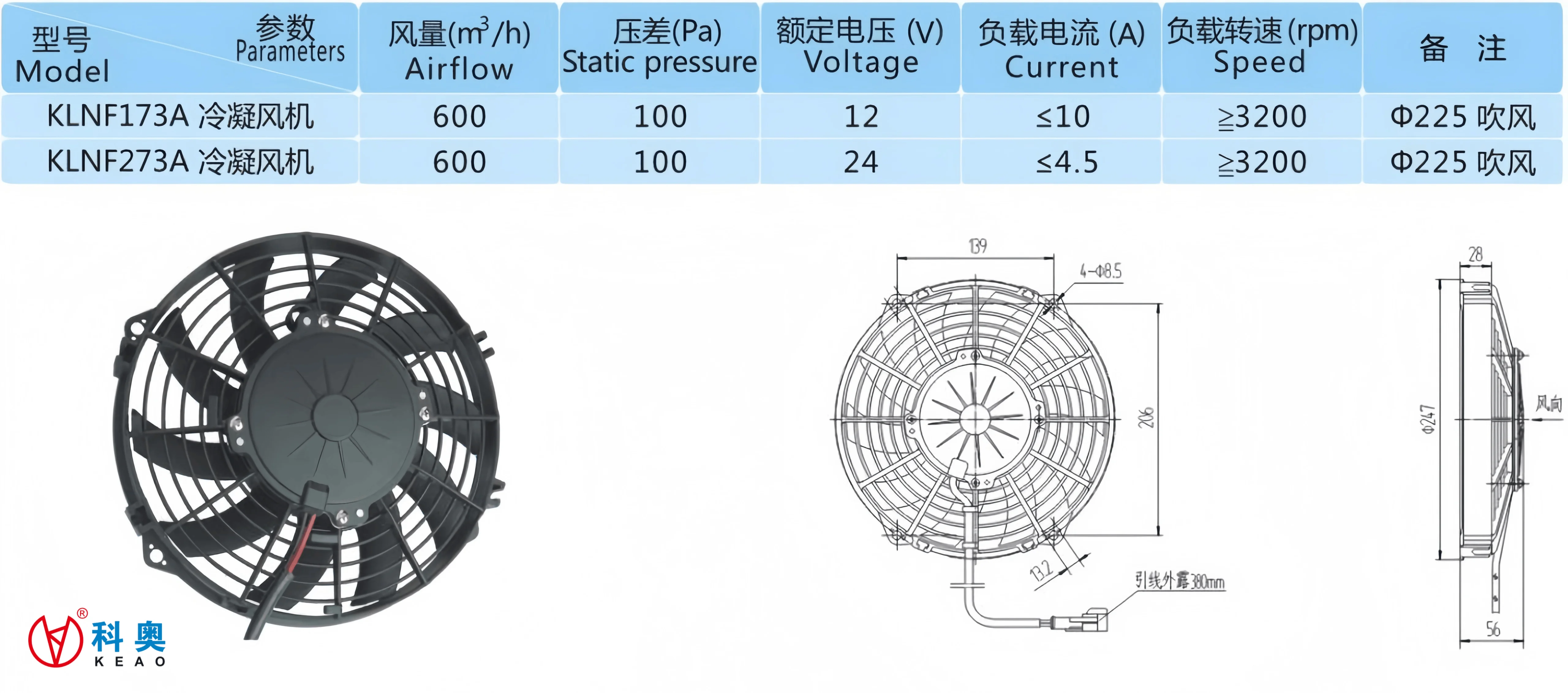 9inch Condenser Fan 12V/24V IP67 120W 72db 3200rpm for Cooling