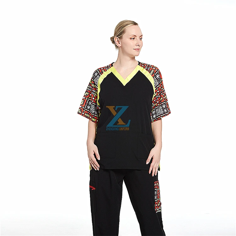 2021 Patchwork Nursing Uniforms African Print Tops Stretch Women Scrubs ...