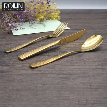 Matt Gold Fork Spoon Knife Hammering Gold Cutlery 1810 Stainless Steel ...