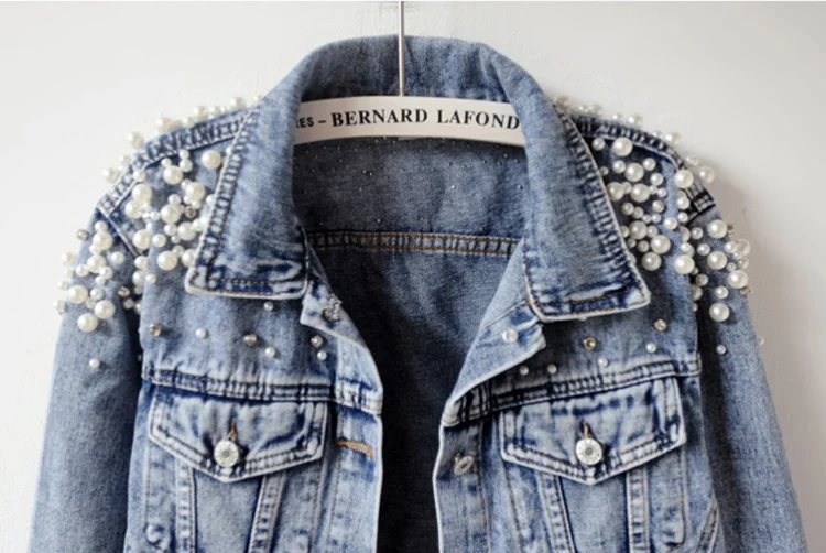 Popular Women's Wear Custom Rhinestone Pearls Jean Coat Casual Jean ...