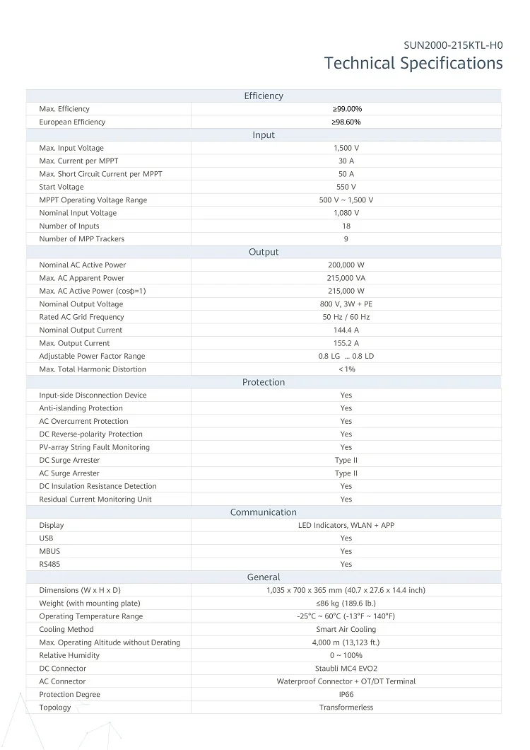 SUN2000-215KTL-H0 Smart String Inverter 215KW for Efficient Solar Power ...