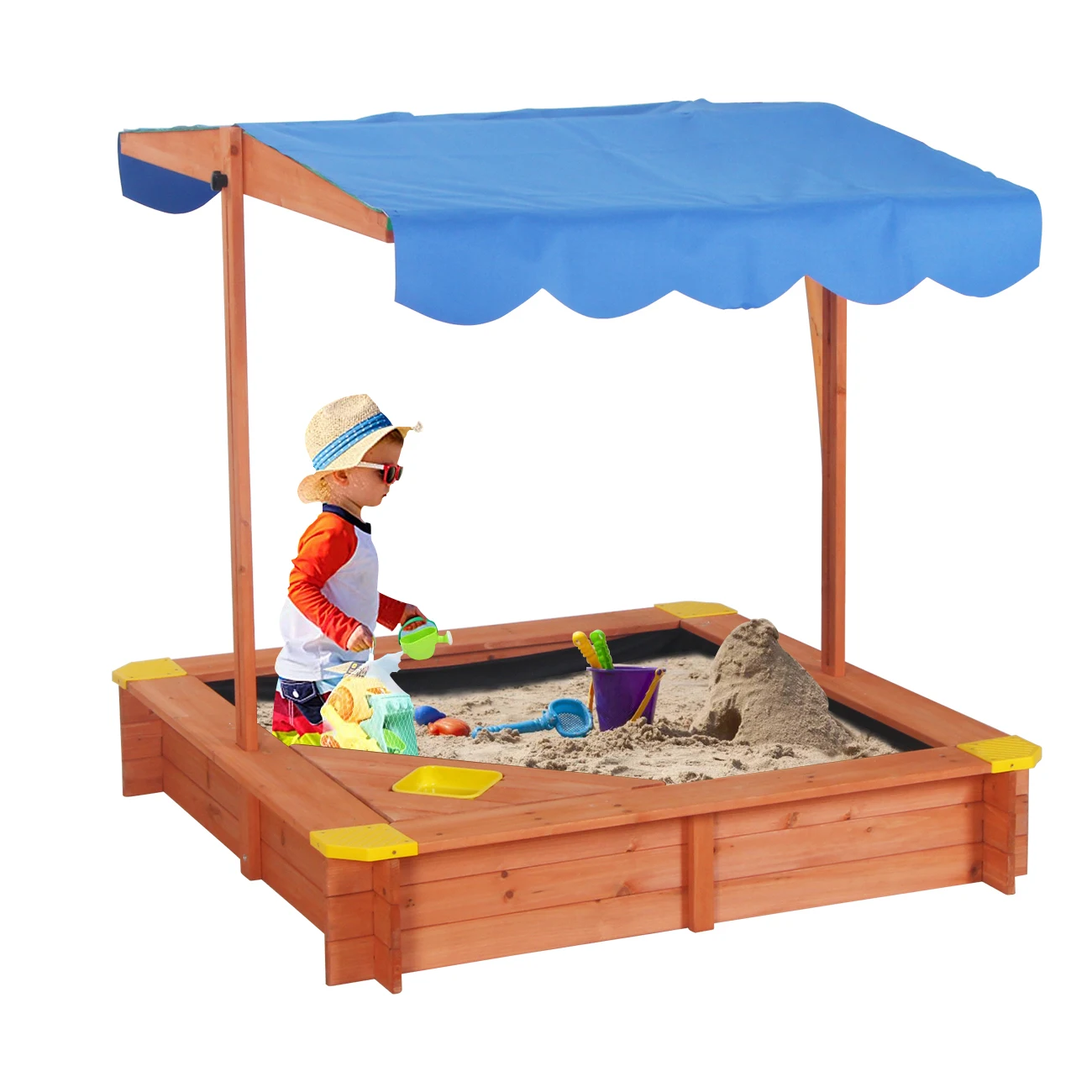 Outdoor Sandpit Wooden Kids Sandbox With Adjustable Canopy Cover For ...