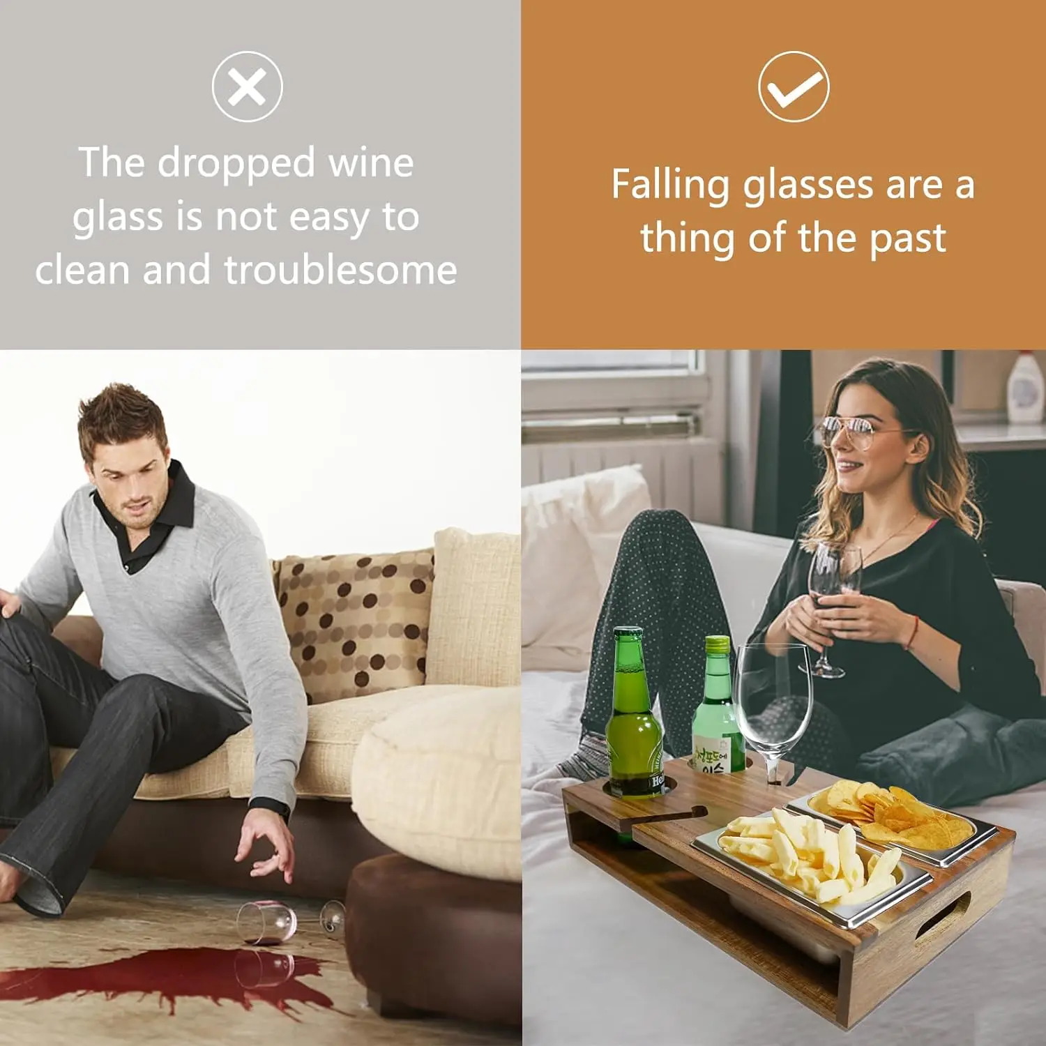 Wood Couch Bar Snack Box Caddy Tray Organizer Sofa Tray with Drink ...