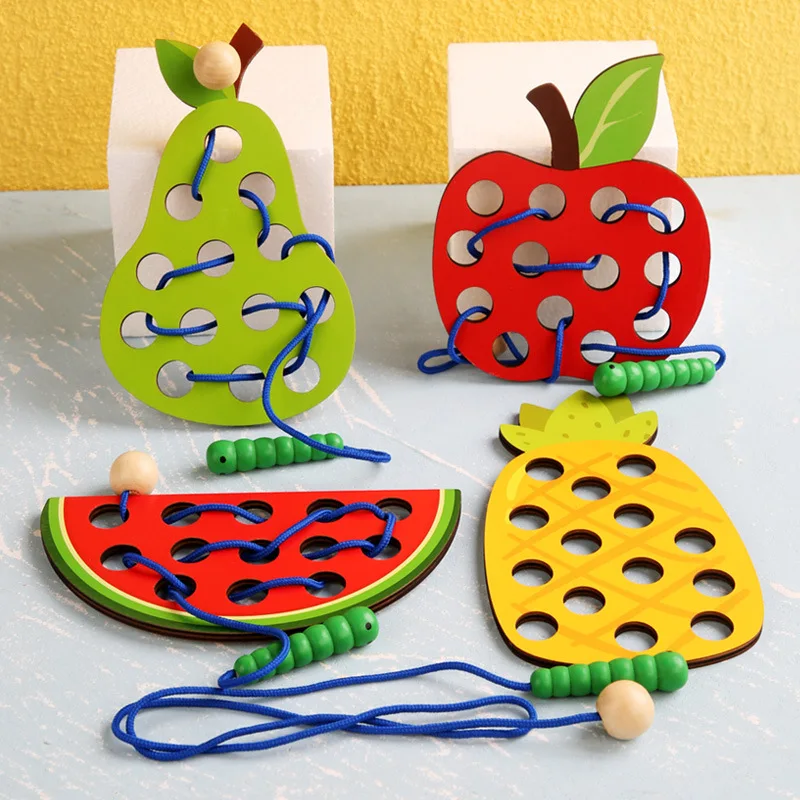 Wooden Fruit Threading Board Toys Montessori Early Education Threading ...