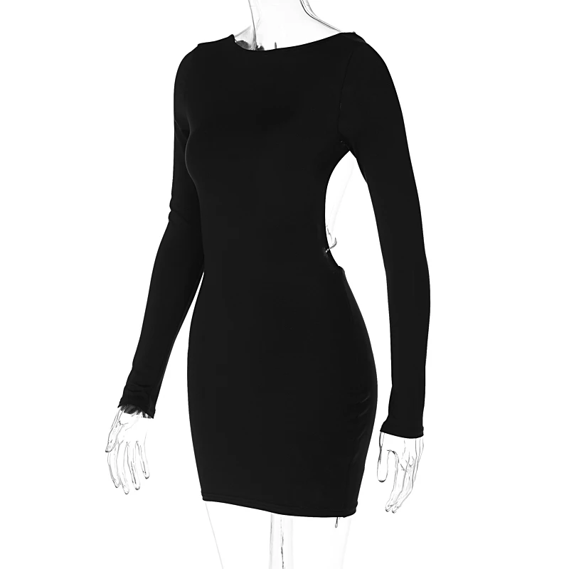 3343 O Neck Long Sleeve Chain Backless Open Womens Dresses Elegant