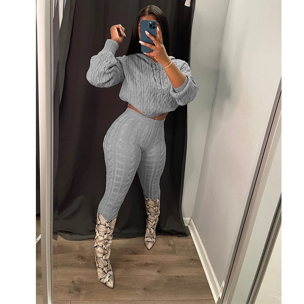 Autumn Sweater Solid Color 2 Piece Sets Knitted Cropped Long Sleeves ...
