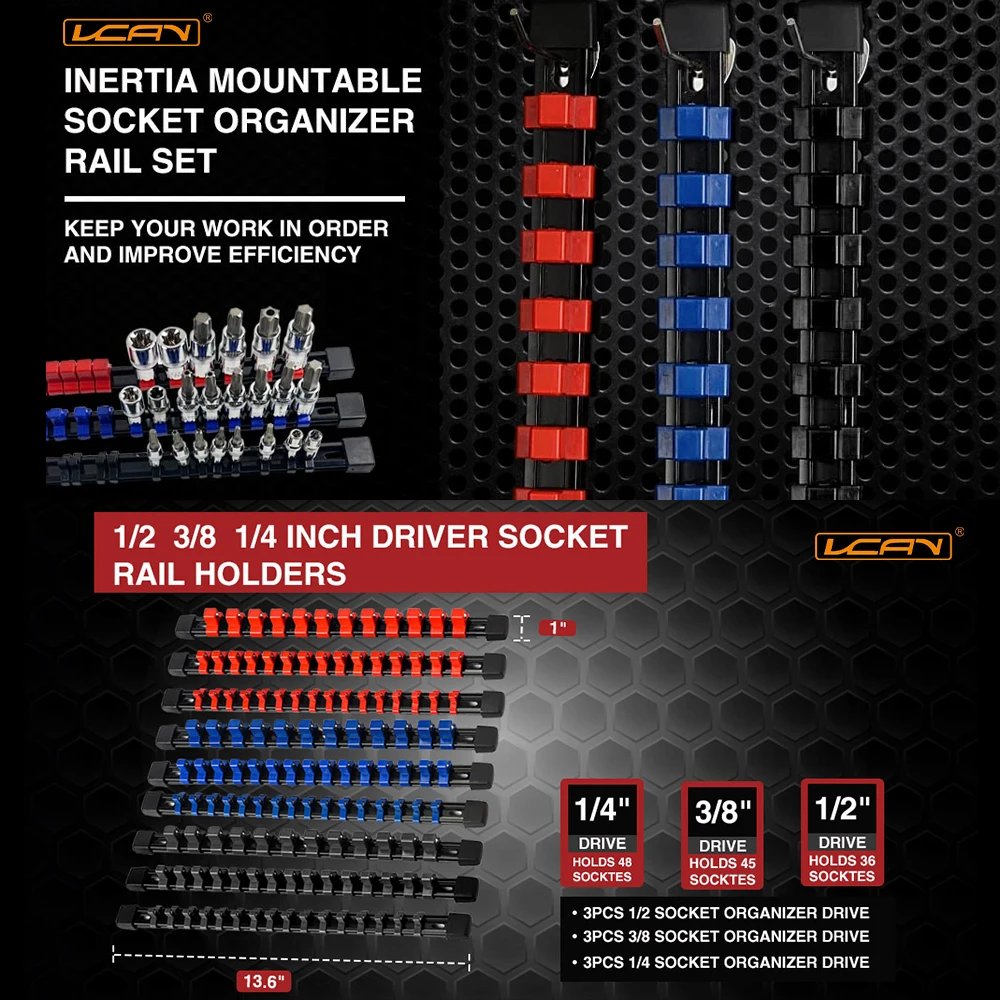 9-Piece Socket Tool Organizer Kit Standard Metric SAE 1/4 3/8 1 2 Inch ...