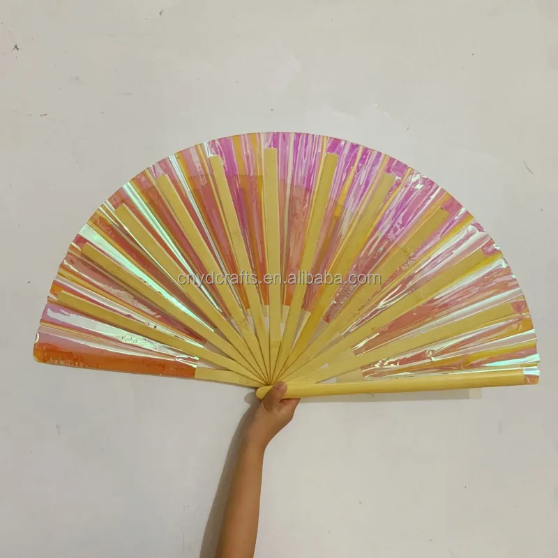 Stock Iridescent Holographic Folding Handheld Fan Bamboo Large Rave ...