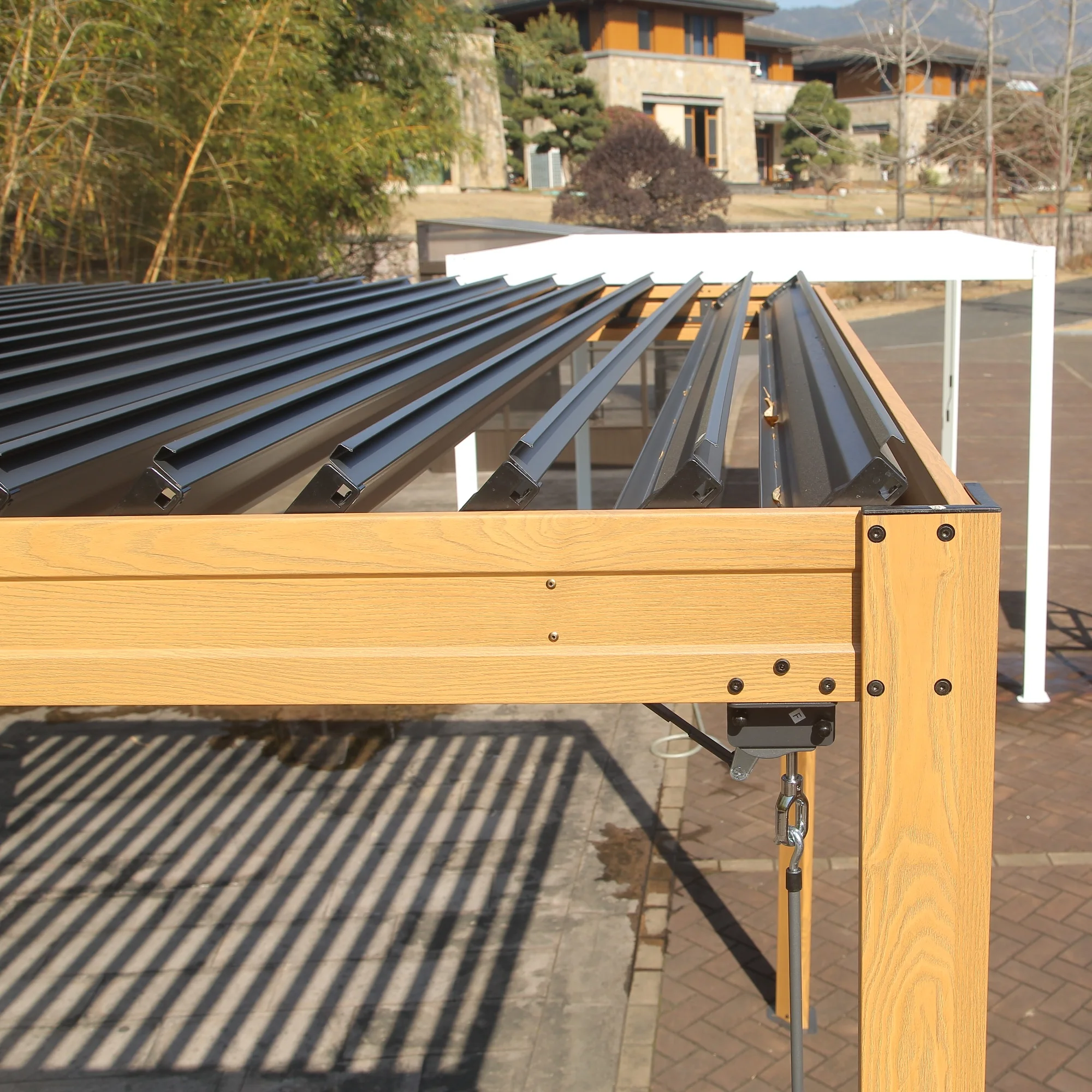 300x400cm Wood Grain Adjustable Aluminum Frame Pergola with Steel Roof ...