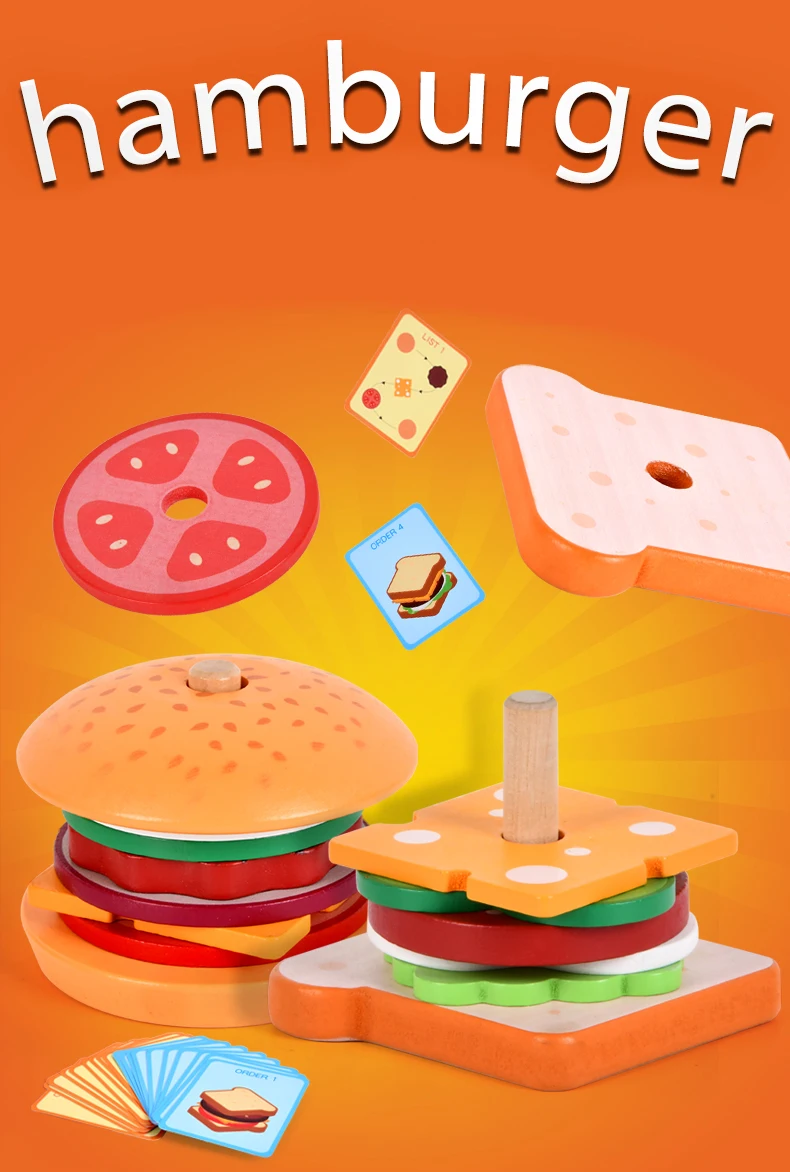 Wooden Kitchen Toy Hamburger Sandwich Simulation Food Making Set Toys ...