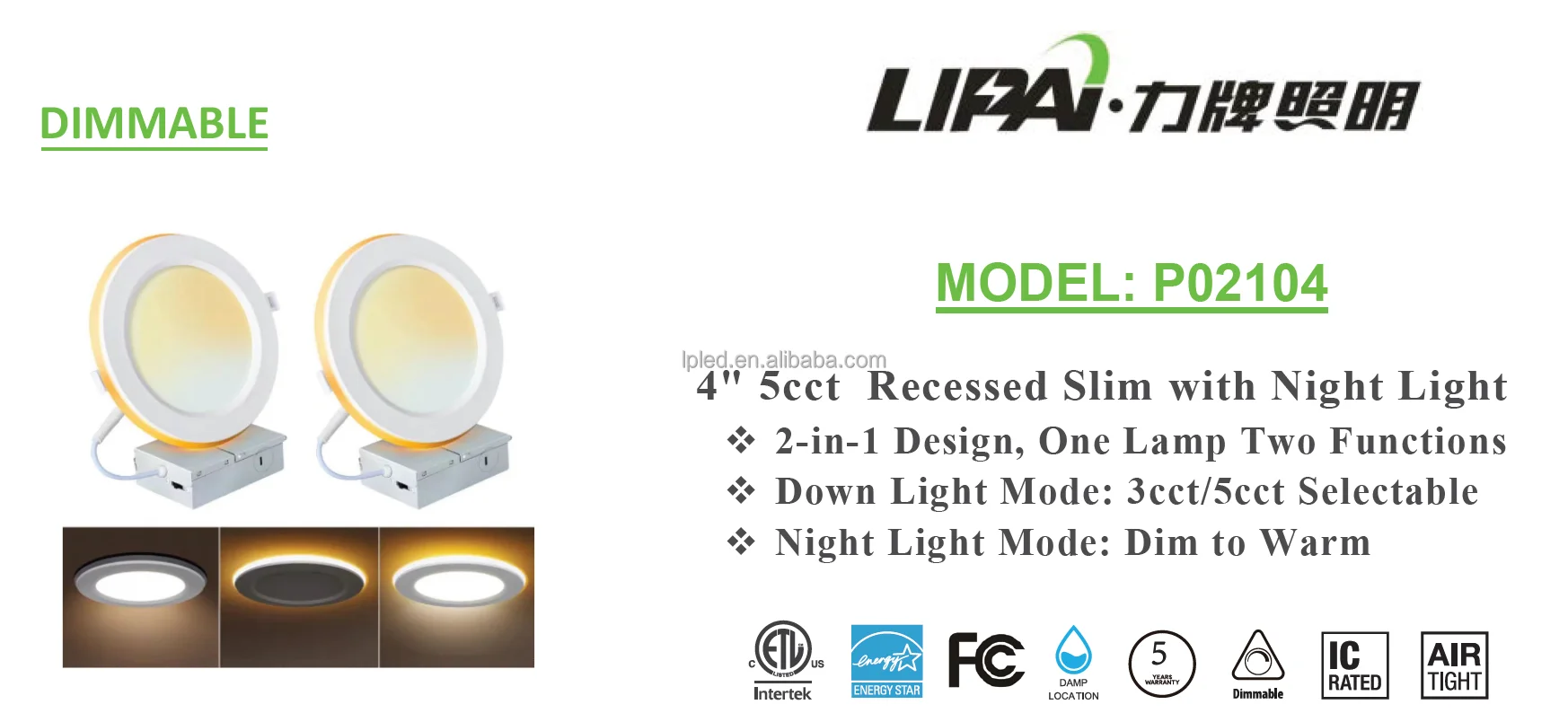 4inch 6 Inch 5CCT LED Recessed Ceiling Light with Night Light 9W+3W 12W ...