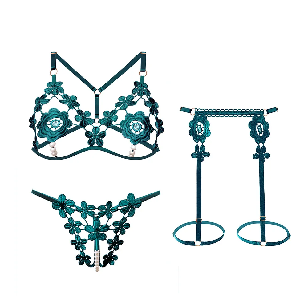 Seductive Plus Size Pearl Erotic Bra Set - 3 Pcs Lingerie