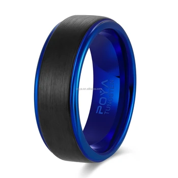 Poya Black And Blue Plated Tungsten Ring Steped Edges For Mens Wedding ...