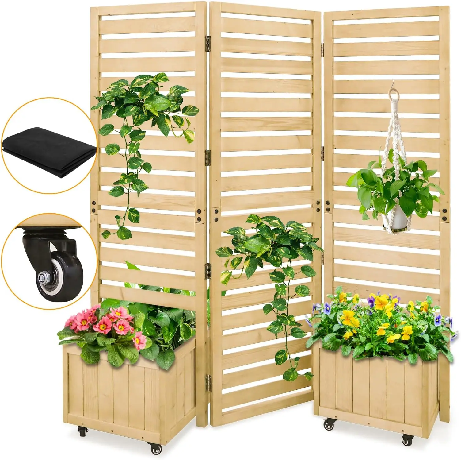 Outdoor Cedar Privacy Screen Garden Beds, 3 Hinged Panels for Patio ...