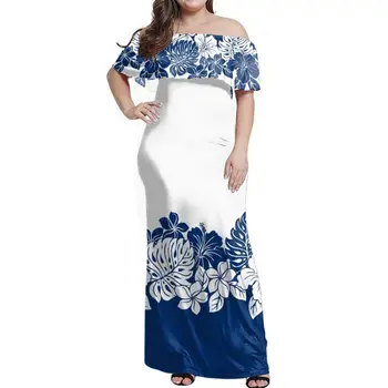 Puletasi Tropical Blue Line Off Shoulder Long Dress Island Short Sleeve ...