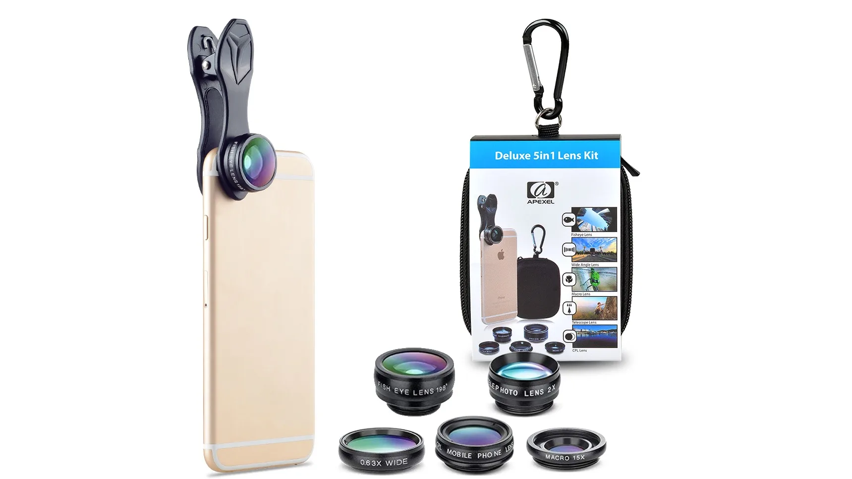 Apexel Wide Angle Fisheye Cpl Macro Telephonto 5 In 1 Lens Kit For ...