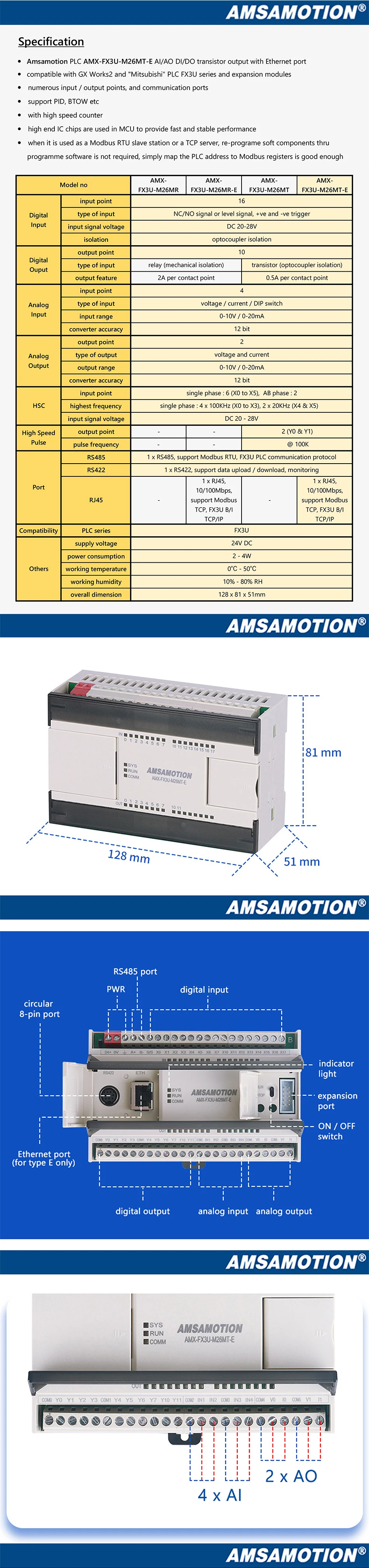Amsamotion AMX-FX3U-M26MT-E 16DI 10DO 4AI 2AO Expansion Modules PLC PAC ...