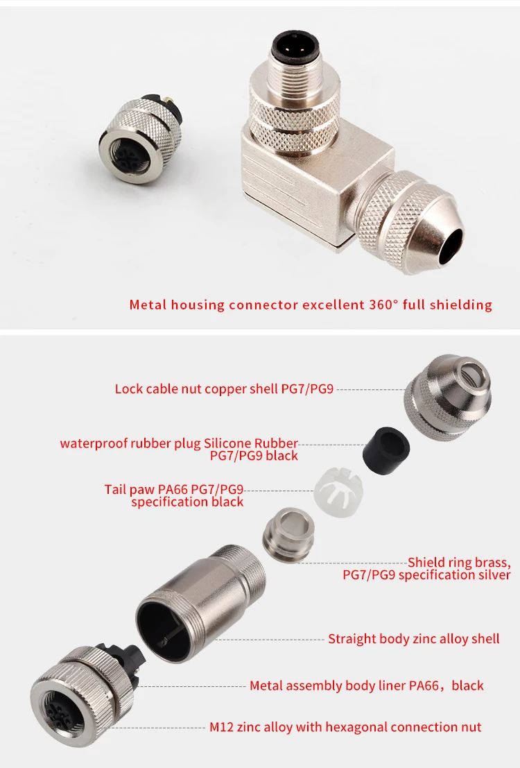 Hot Sales M12 Screw Metal Straight Angled Assembled Connectors Plug 2 3 ...