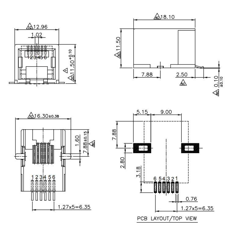 Rj11 Rj12 Rj25 Smt Modular Jack Female 6p6c Connector 5322 Right Angle ...