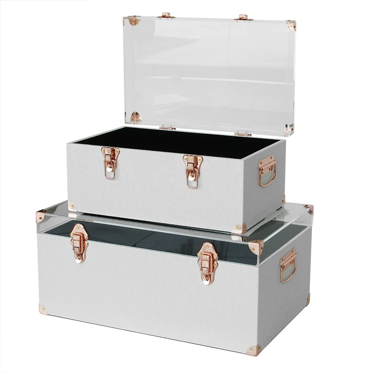 White Set of 2 Leather Storage Trunk with clear Acrylic Lid and Rose ...