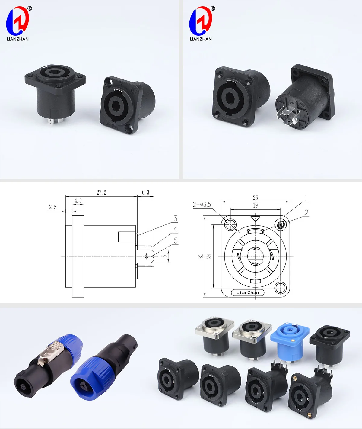 4 Pole Speakon Female Panel Mount Socket Twist Lock Audio Speaker Speakon Connector - Buy ...