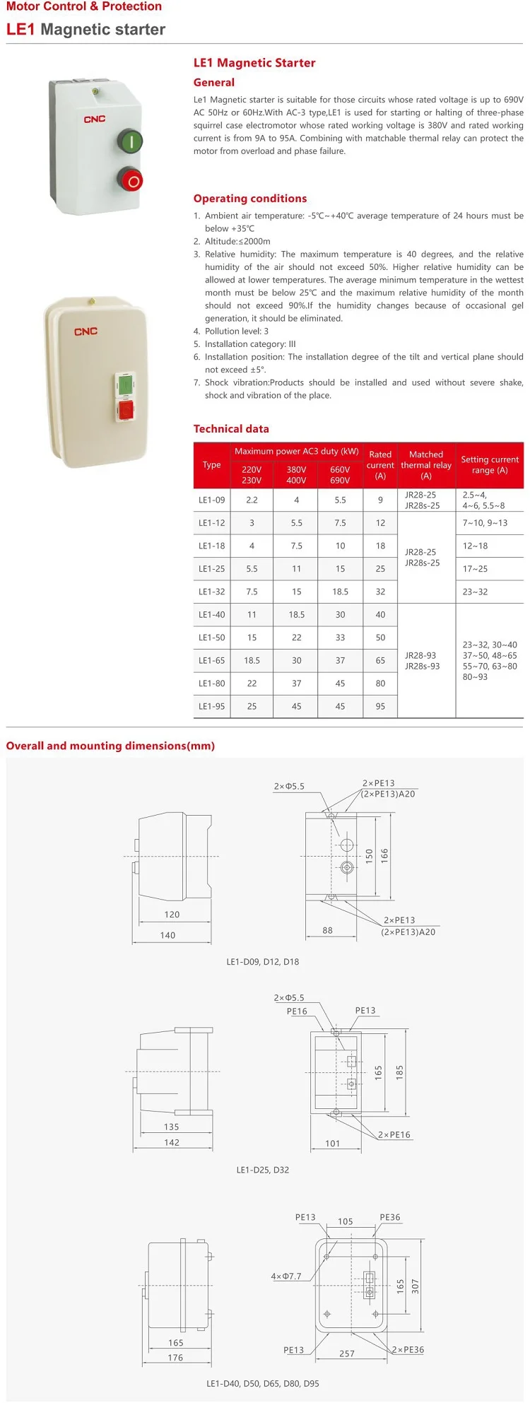 30-40A 220V 50/60hz Dol D.o.l. Le1 -D09 Motor Magnetic Starter