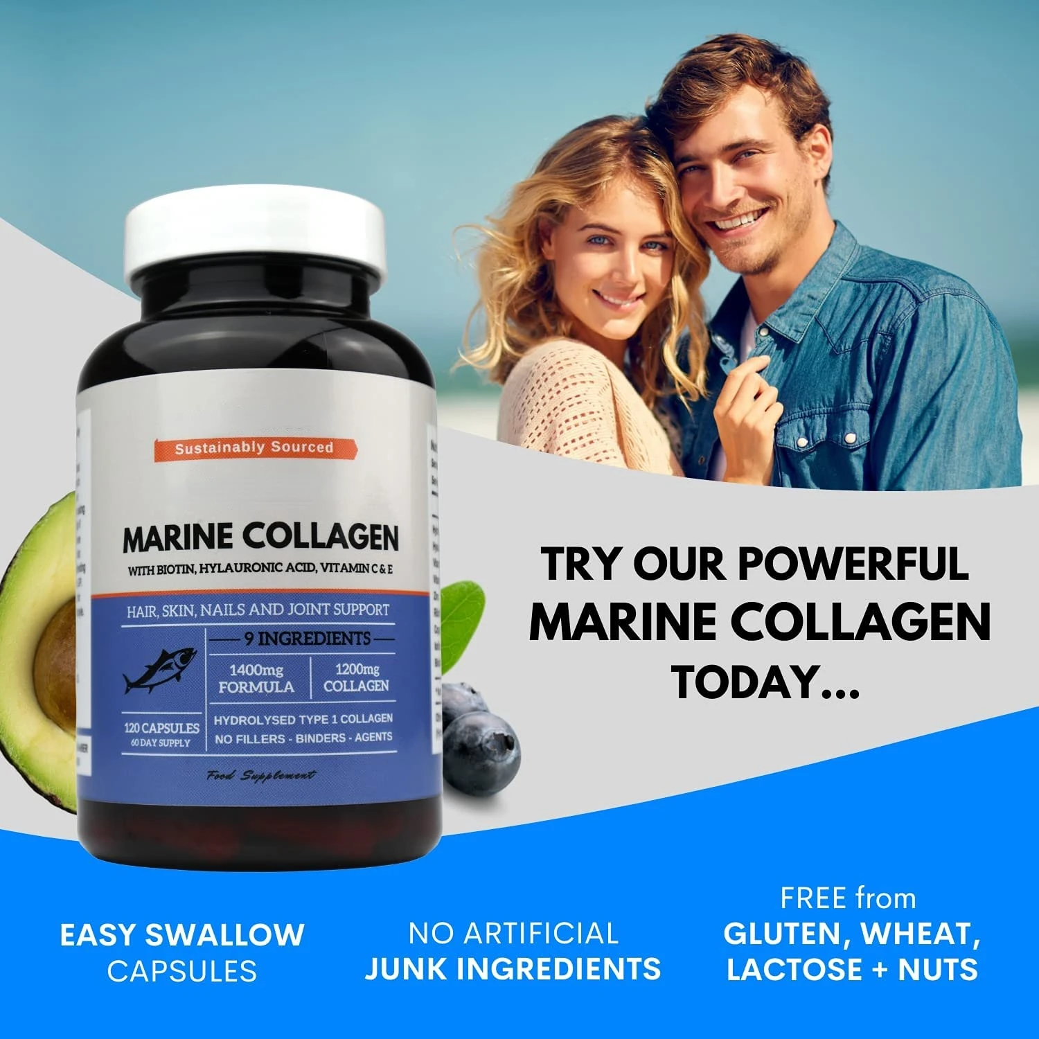 Marine Collagen 1400mg Capsules with Biotin Hyaluronic Acid Vitamin C E ...