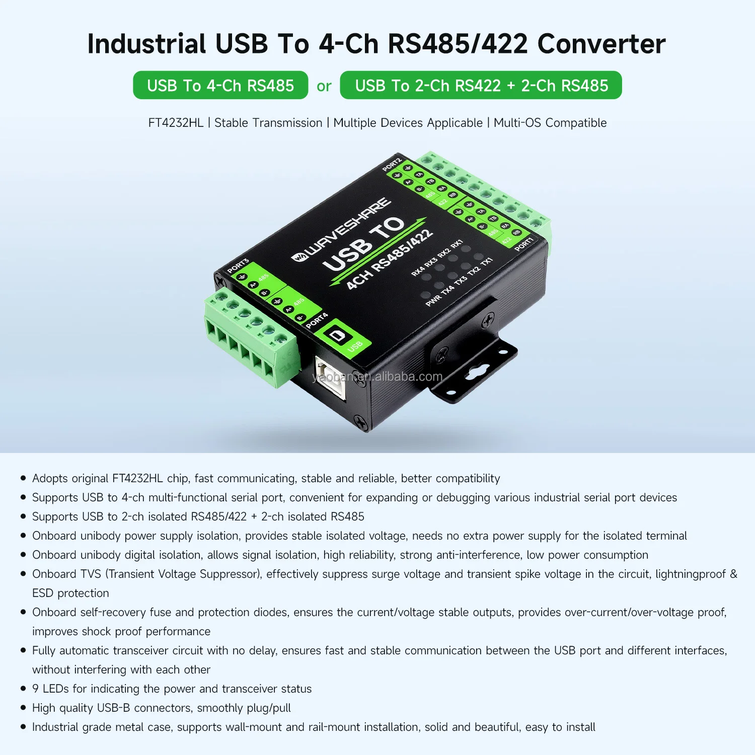 Waveshare Industrial Isolated Usb To Rs485/422 Converter,Original Ft4232hl Chip,Supports Usb To ...