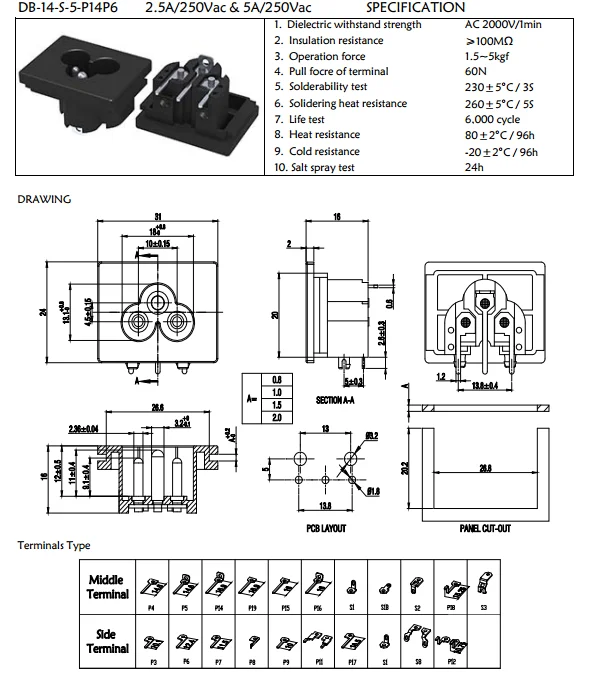 3 Pin Ac Power Connector C6 Socket Wiring 2.5a 250v Pcb Mounting Inlet ...