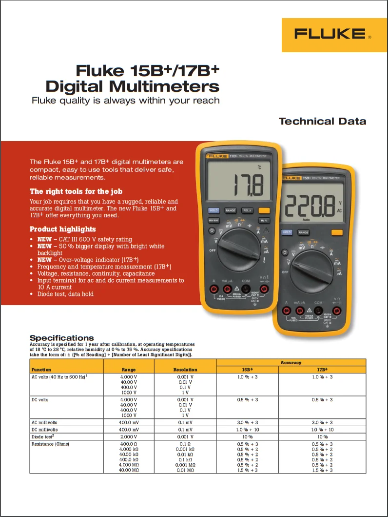 Fluke Digital Multimeter 15b+ 17b+ F18b+ F12e+ Fluke 107 Multimeter ...