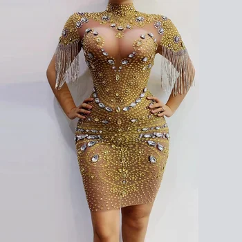 Shiny Gold See Through Rhinestone Diamond Tassels Dinner Gown Banquet Evening Dress Ladies Party ...