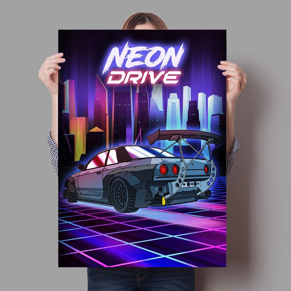 Nissan Gtr R34 Neon Night Car Poster Wrx Neon Street Canvas Painting ...