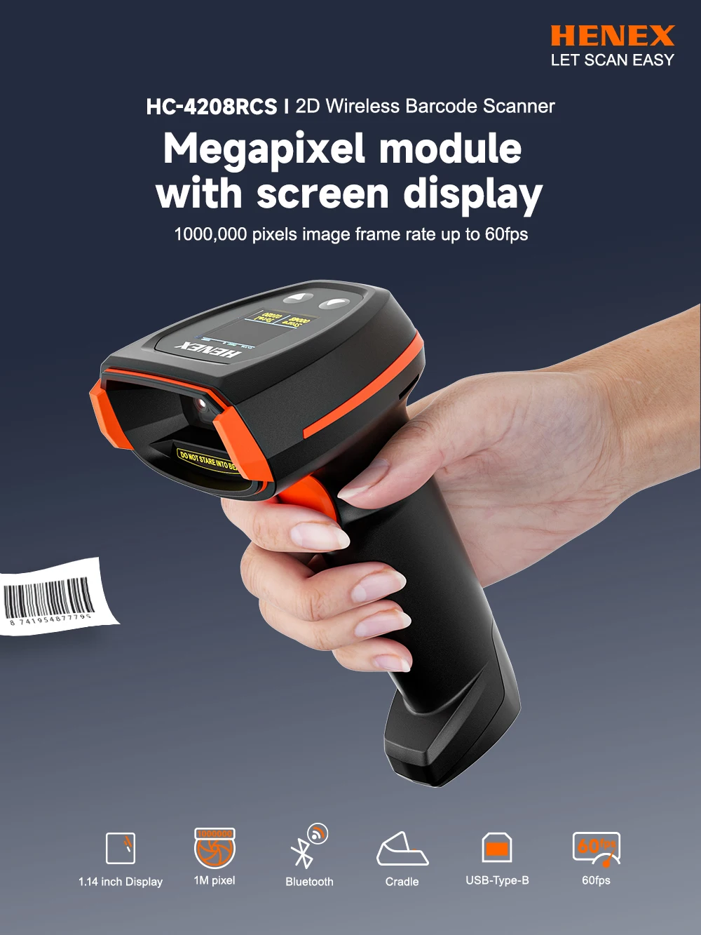 HENEX 4208RCS Palm Barcode Reader - Precision & Versatility