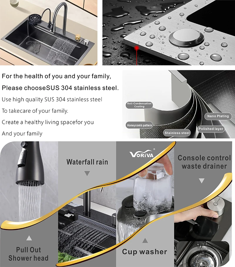 Voice-activated Smart 304 Honeycomb Kitchen Sink High-tech Display ...