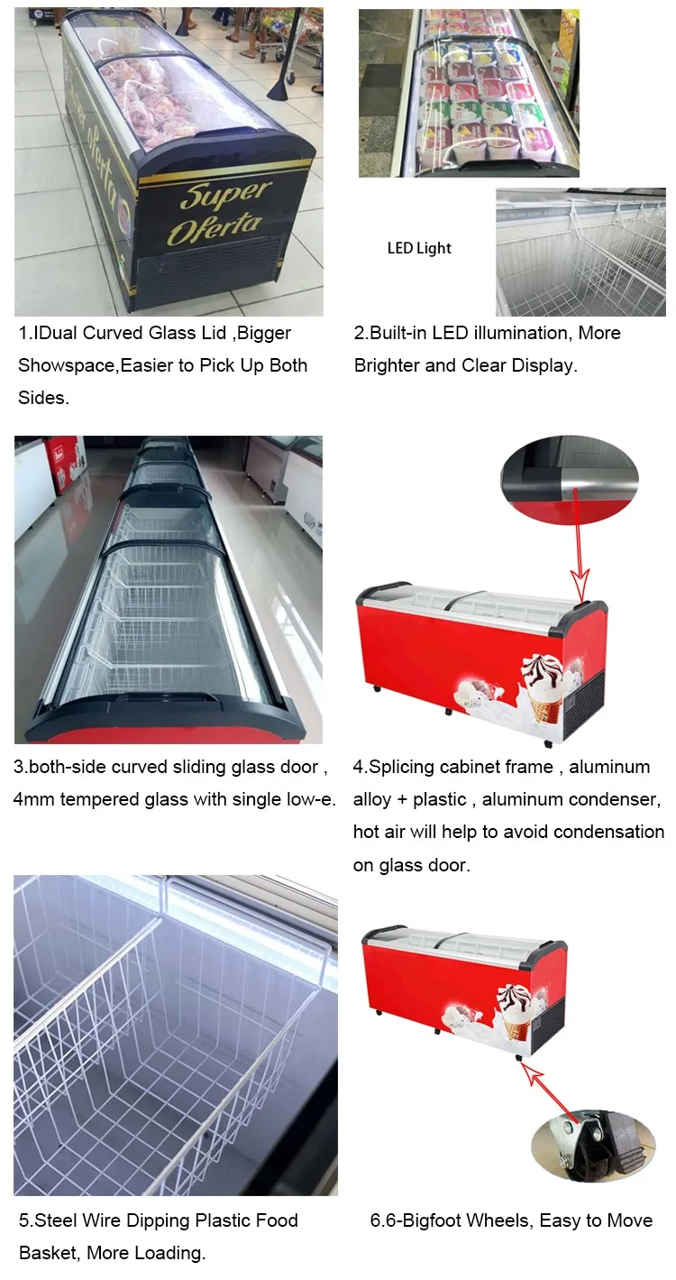 Supermarket Commercial Dual Curved Sliding Glass Door Chest Ice Cream ...