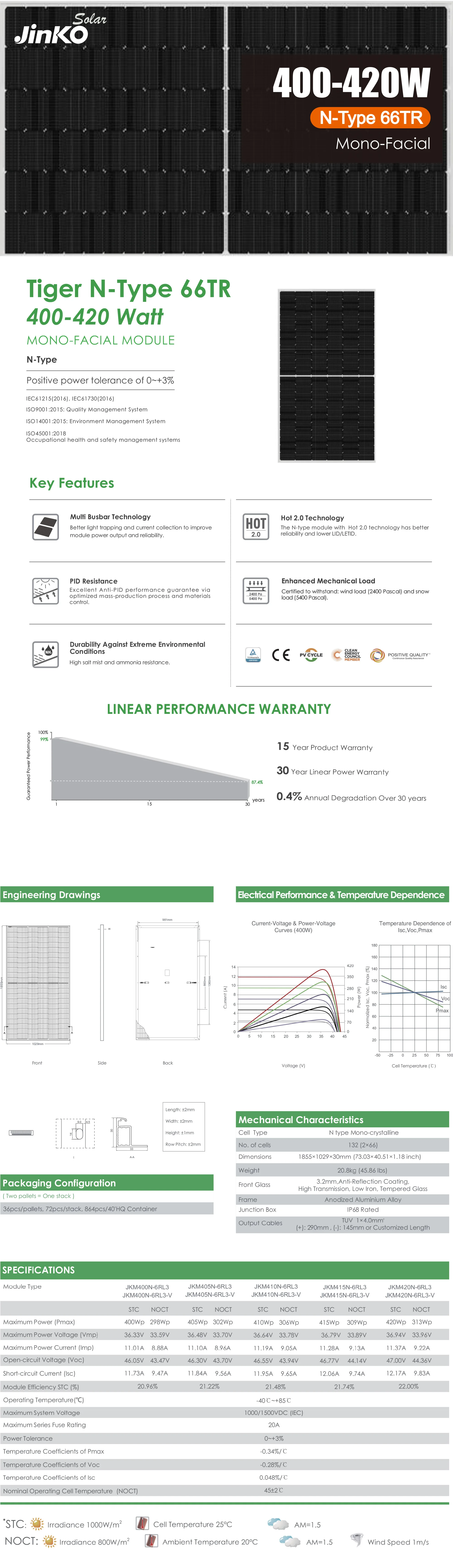 Maxbo Jinko Mono Facial 400w 405w 410w 415w 420w Tiger N-type 66tr 400 ...