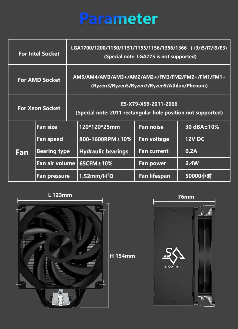 Snowman MT5 V3 Heatpipe CPU Cooler Desktops Silent 4-Pin Thermal ...