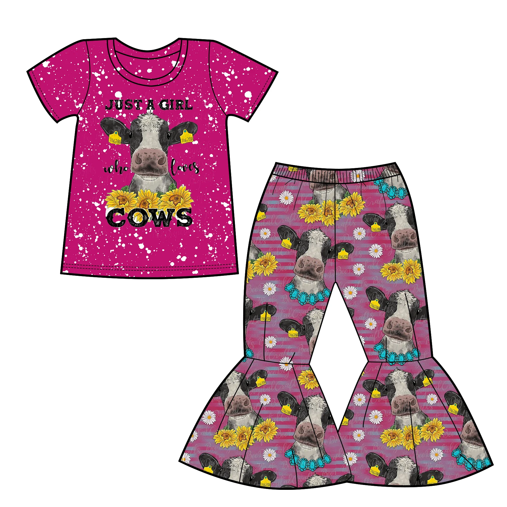 Kids Outfit Farm Animals Print Clothes 2 Piece Caw Floral Outfit Bell ...