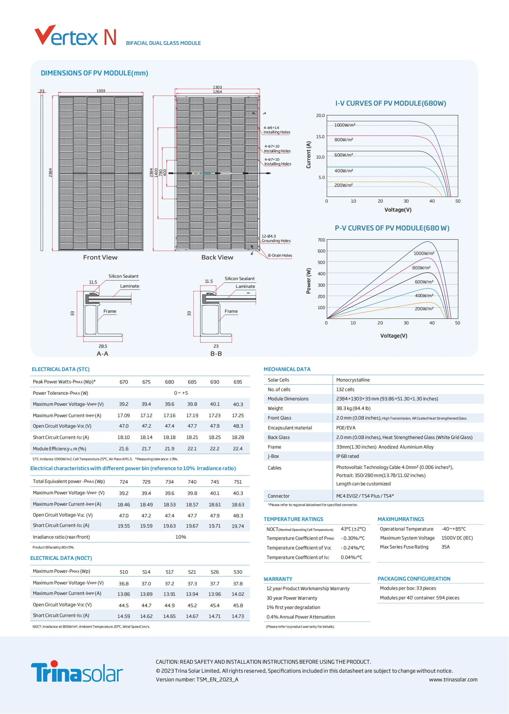 Monocrystalline Trina Vertex N Type Bifacial Dual Glass 675w 680w 695w ...